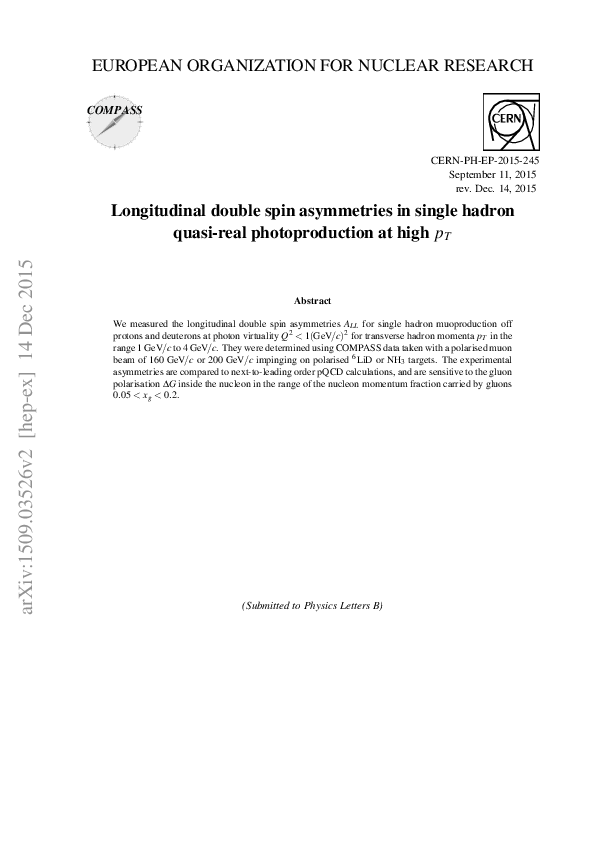 (PDF) Longitudinal double spin asymmetries in single hadron quasi-real ...