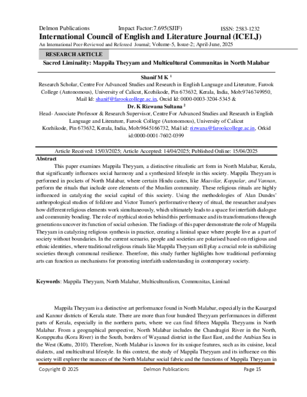 (PDF) Sacred Liminality: Mappila Theyyam and Multicultural Communitas ...