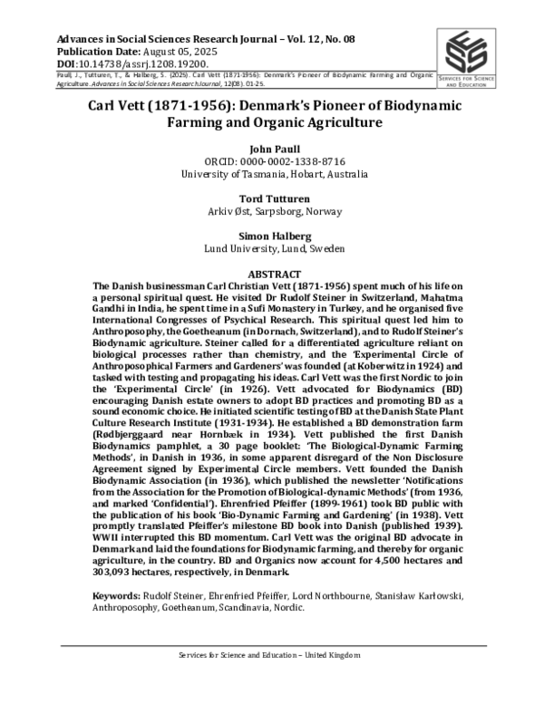 (PDF) Carl Vett (1871-1956): Denmark's Pioneer of Biodynamic Farming ...