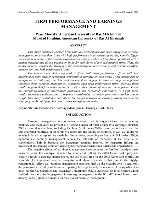 (PDF) Firm Performance and Earnings Management
