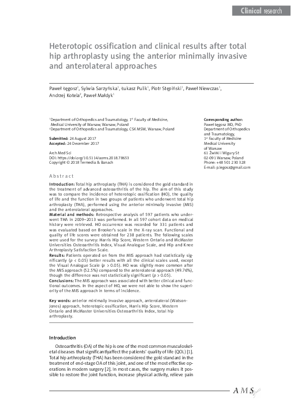 (PDF) Heterotopic ossification and clinical results after total hip ...