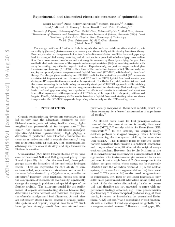 (PDF) Experimental and theoretical electronic structure of quinacridone