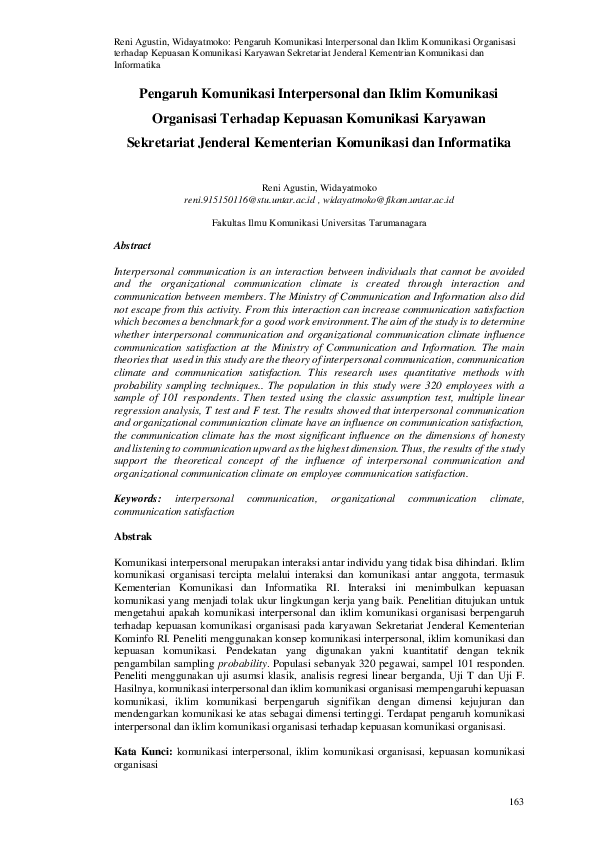 (PDF) Pengaruh Komunikasi Interpersonal dan Iklim Komunikasi Organisasi Terhadap Kepuasan ...