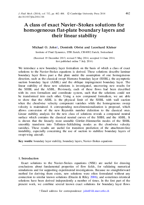 (PDF) A class of exact Navier–Stokes solutions for homogeneous flat-plate boundary layers and ...