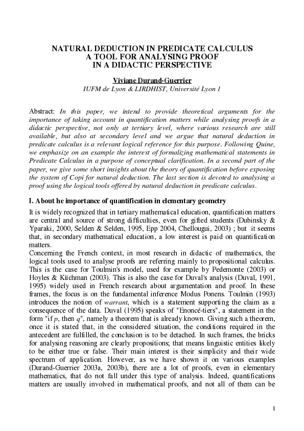 (PDF) Natural Deduction in Predicate Calculus a Tool for Analysing Proof in a Didactic Perspective