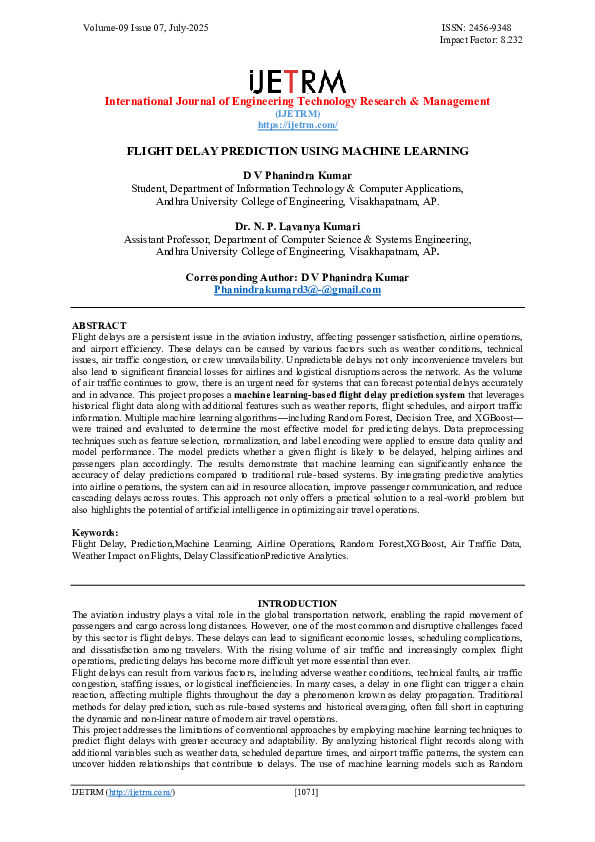 (PDF) FLIGHT DELAY PREDICTION USING MACHINE LEARNING