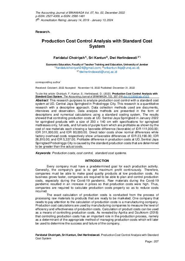 (PDF) Production Cost Control Analysis with Standard Cost System