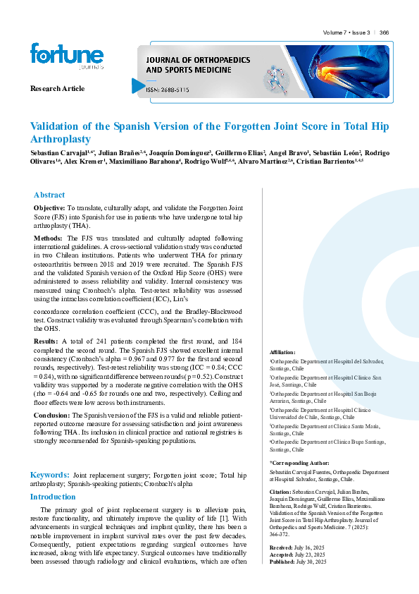 (PDF) Validation of the Spanish Version of the Forgotten Joint Score in ...