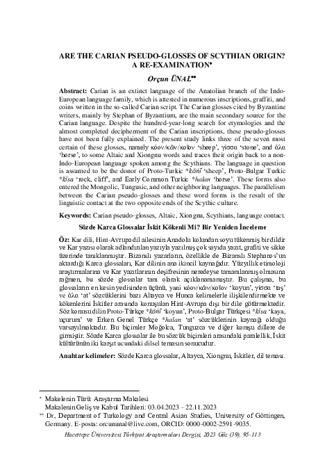 (PDF) Are the Carian Pseudo-Glosses of Scythian Origin? A Re-Examination