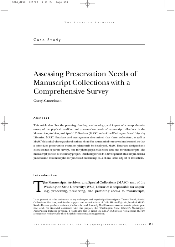 (PDF) Assessing Preservation Needs of Manuscript Collections with a ...