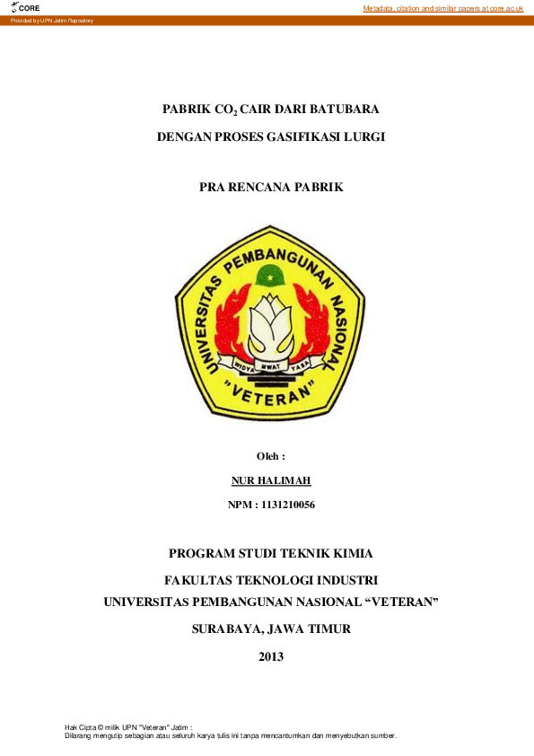 (PDF) Pabrik CO2 Cair Dari Batubara Dengan Proses Gasifikasi Lurgi