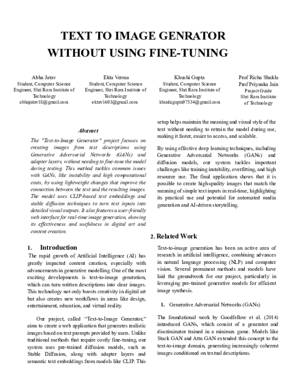(PDF) TEXT TO IMAGE GENRATOR WITHOUT USING FINE-TUNING