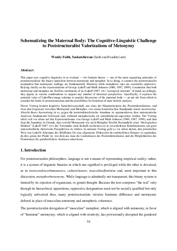 (PDF) Schematizing the Maternal Body : The Cognitive-Linguistic ...