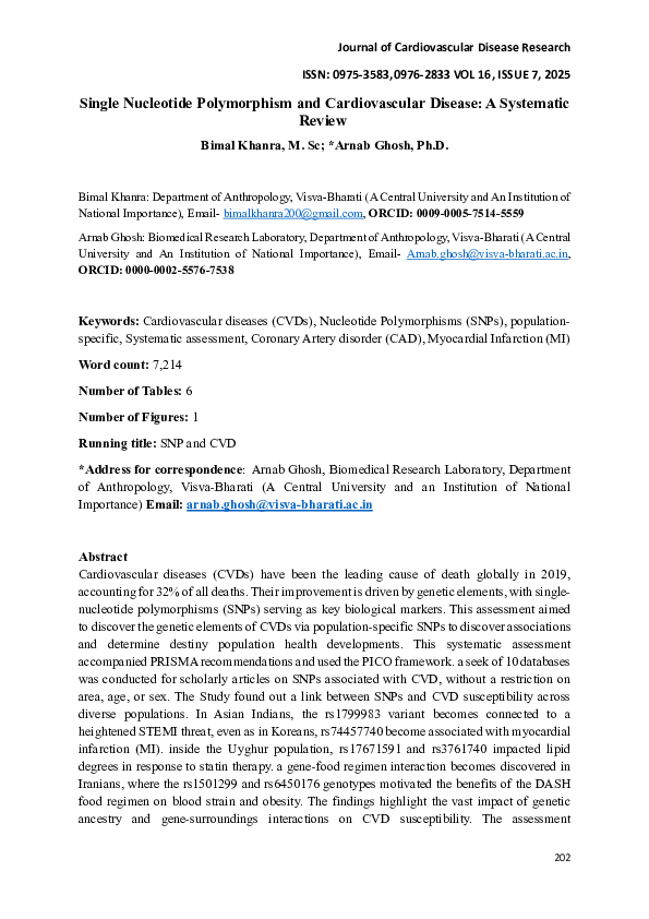 (PDF) Single Nucleotide Polymorphism and Cardiovascular Disease: A ...