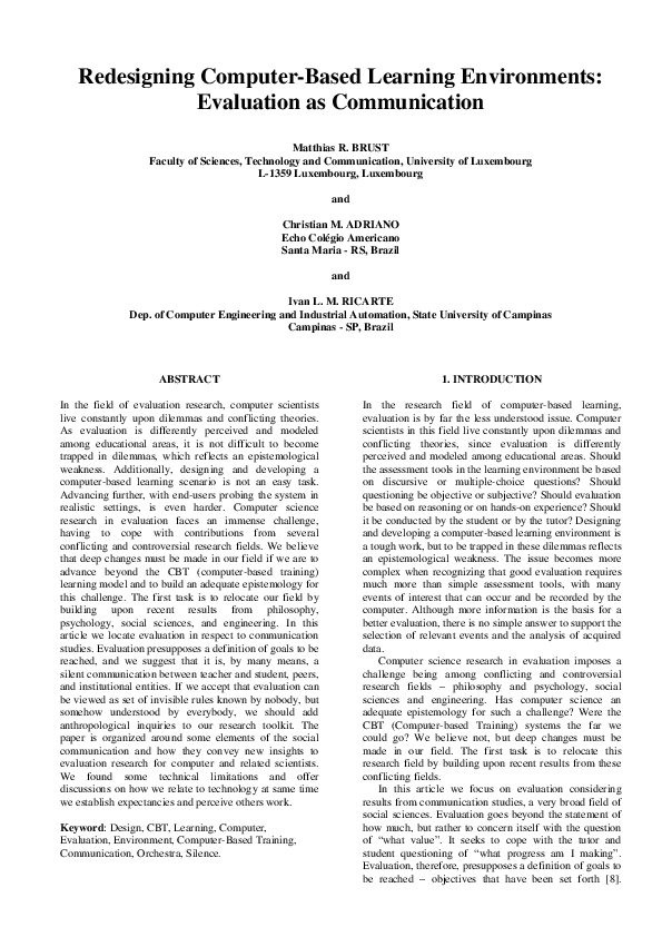 (PDF) Redesigning Computer-Based Learning Environments: Evaluation As Communication