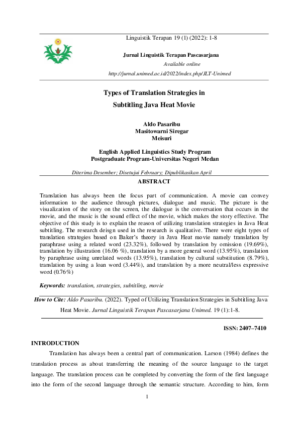(PDF) Types of Translation Strategies in Subtitling Java Heat Movie