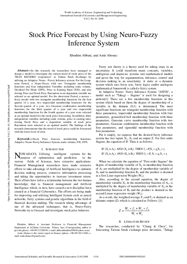 (PDF) Stock Price Forecast By Using Neuro-Fuzzy Inference System
