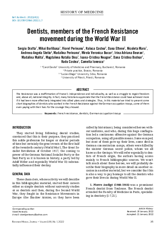 (PDF) Dentists, members of the French Resistance movement during the ...