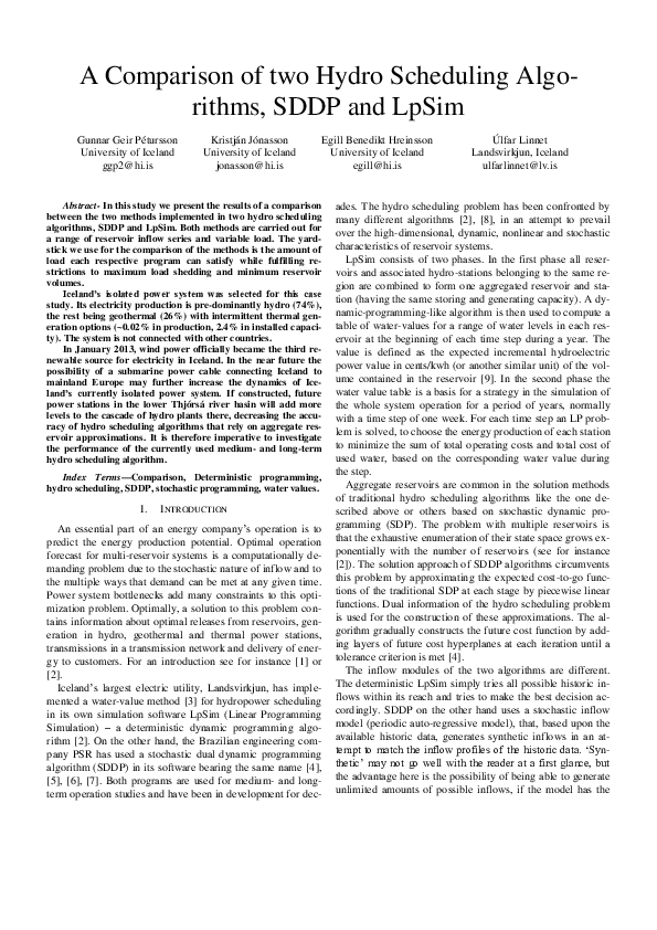 (PDF) A comparison of two hydro scheduling algorithms, SDDP and LpSim