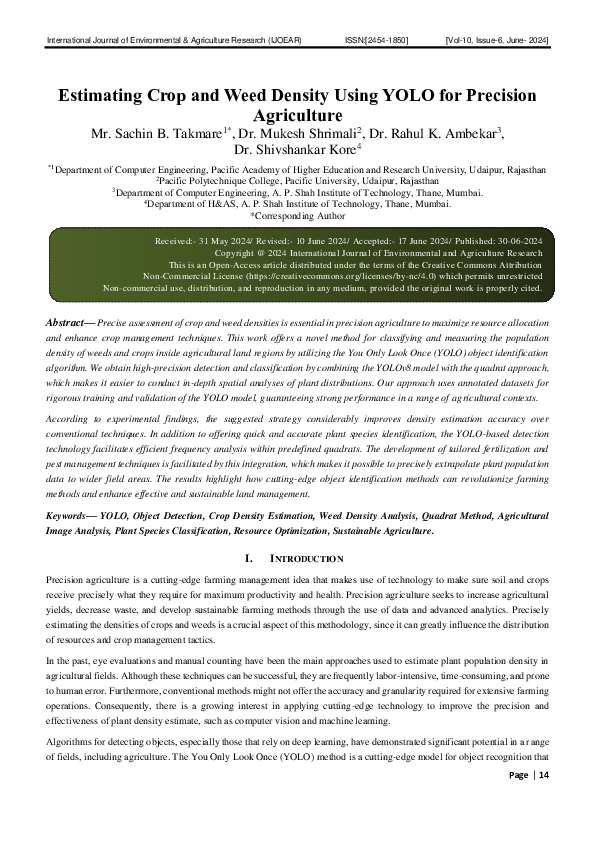 (PDF) Estimating Crop and Weed Density Using YOLO for Precision Agriculture
