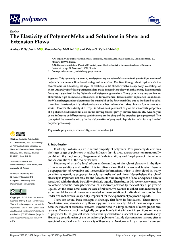 (PDF) The Elasticity of Polymer Melts and Solutions in Shear and ...