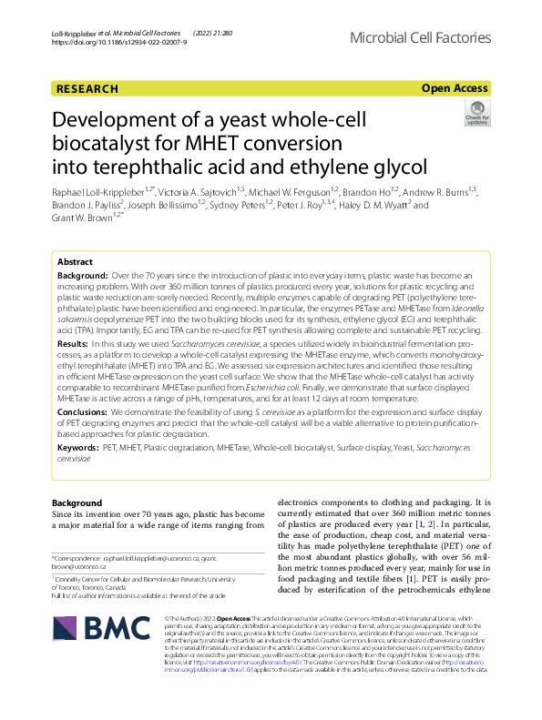 (PDF) Development of a yeast whole-cell biocatalyst for MHET conversion ...