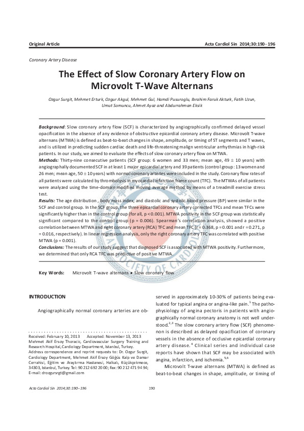 (PDF) The Effect of Slow Coronary Artery Flow on Microvolt T-Wave Alternans