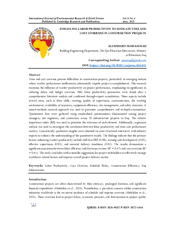 (PDF) ENHANCING LABOR PRODUCTIVITY TO MITIGATE TIME AND COST OVERRUNS IN CONSTRUCTION PROJECTS