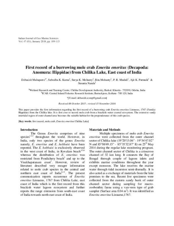 (PDF) First record of a burrowing mole crab Emerita emeritus (Decapoda ...