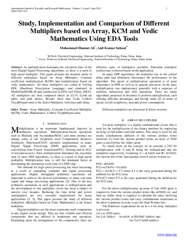 (PDF) Study, Implementation and Comparison of Different Multipliers based on Array, KCM and ...