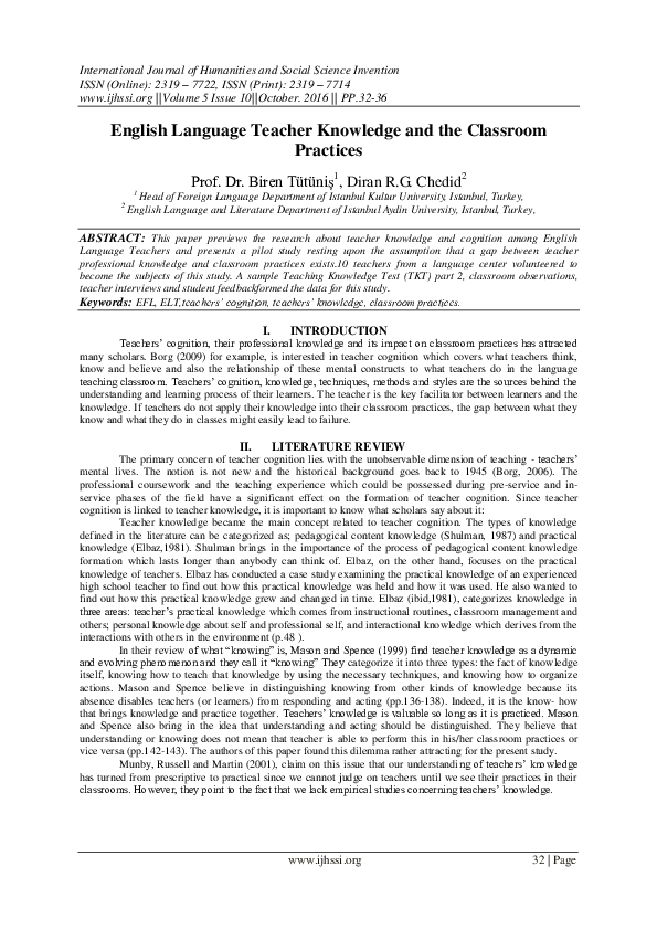 (PDF) English Language Teacher Knowledge and the Classroom Practices