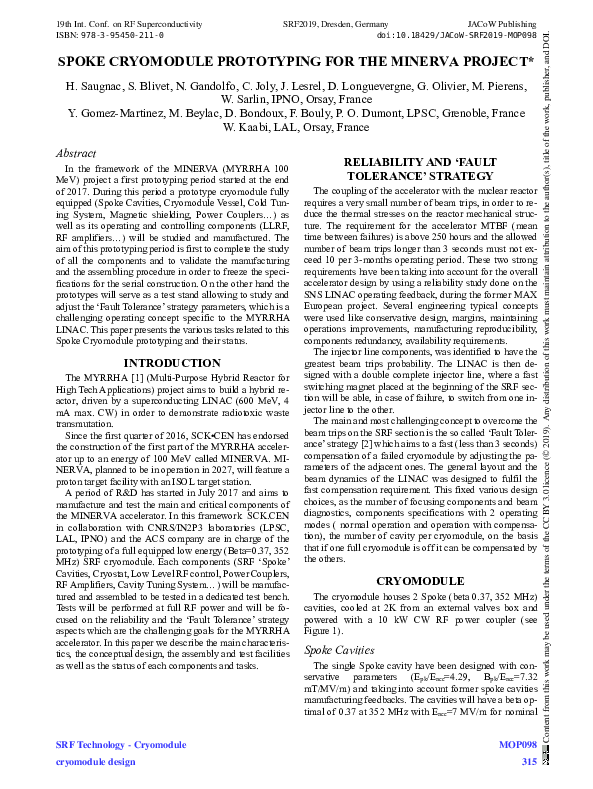 (PDF) Spoke Cryomodule Prototyping for the MINERVA Project