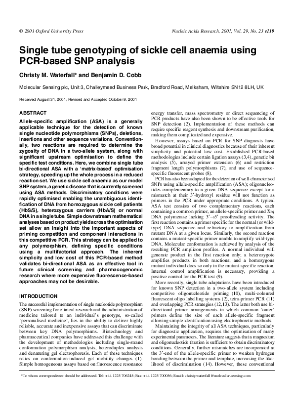 (PDF) Single tube genotyping of sickle cell anaemia using PCR-based SNP ...