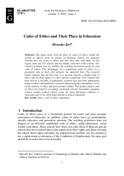 (PDF) Codes of Ethics and Their Place in Education