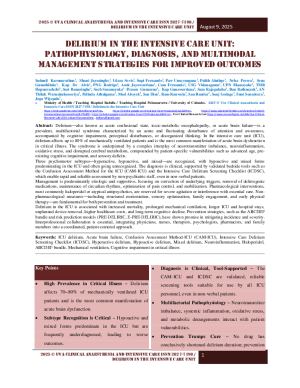 (PDF) Delirium in the Intensive Care Unit: Pathophysiology, Diagnosis ...