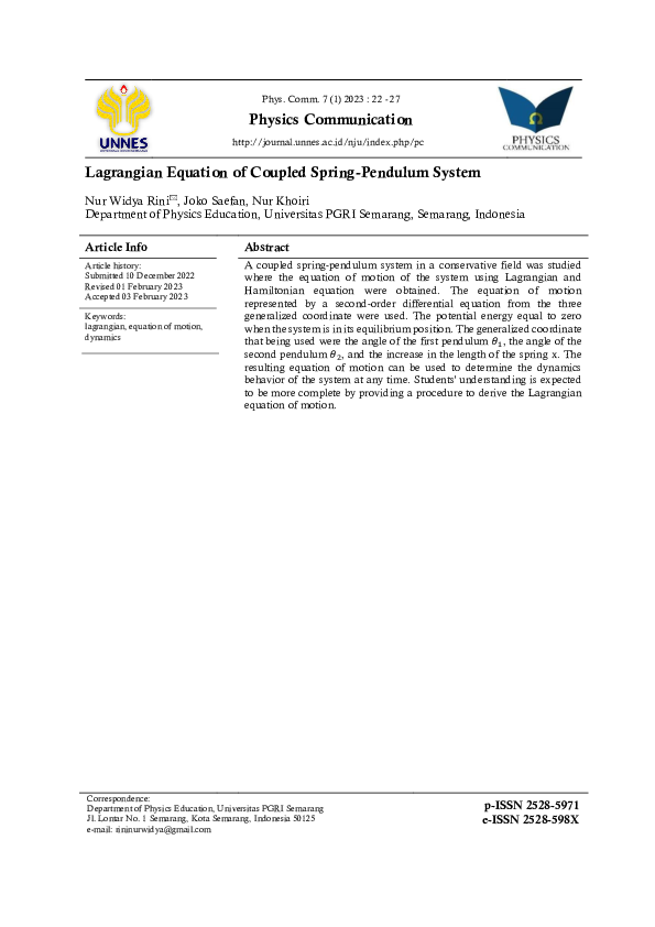 (PDF) Lagrangian Equation of Coupled Spring-Pendulum System