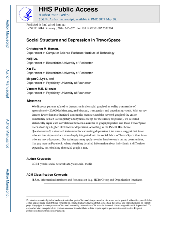 (PDF) Social structure and depression in TrevorSpace