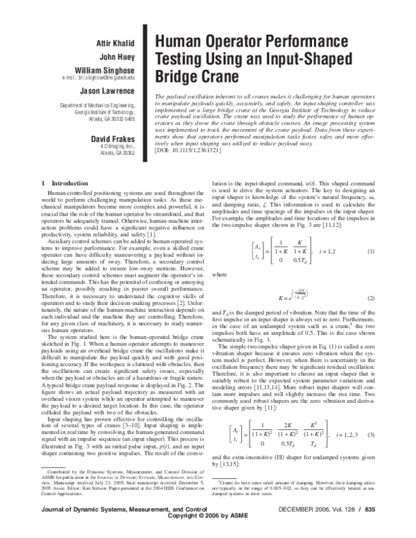 (PDF) Human Operator Performance Testing Using an Input-Shaped Bridge Crane