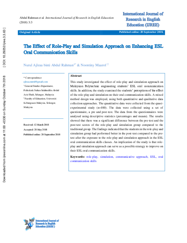 (PDF) The Effect of Role-Play and Simulation Approach on Enhancing ESL ...