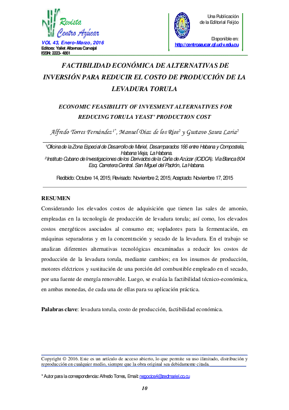 (PDF) Factibilidad económica de alternativas de inversión para reducir el costo de producción de ...