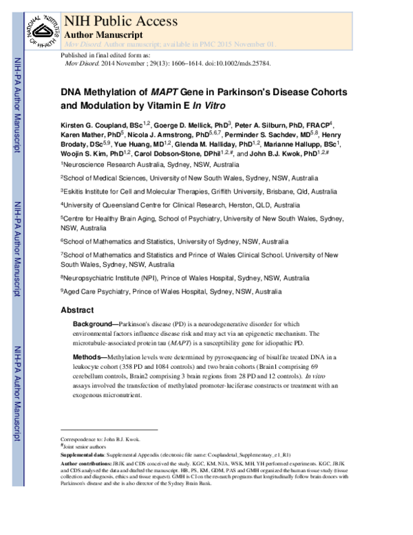 (PDF) DNA methylation of the MAPT gene in Parkinson's disease cohorts ...