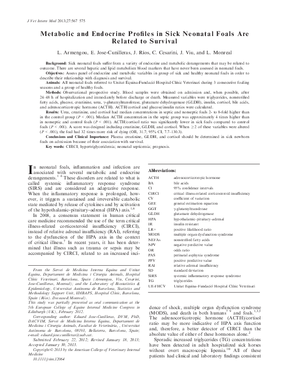 (PDF) Metabolic and Endocrine Profiles in Sick Neonatal Foals Are ...