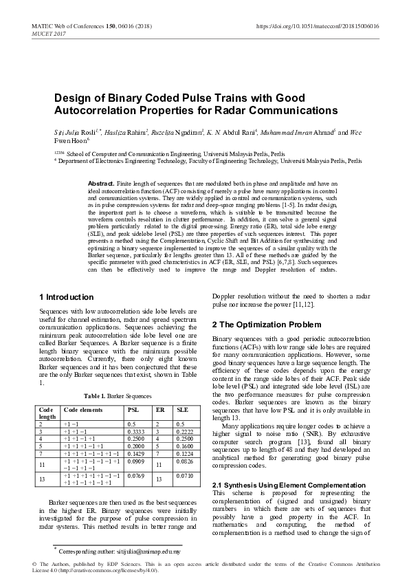 (PDF) Design of Binary Coded Pulse Trains with Good Autocorrelation ...