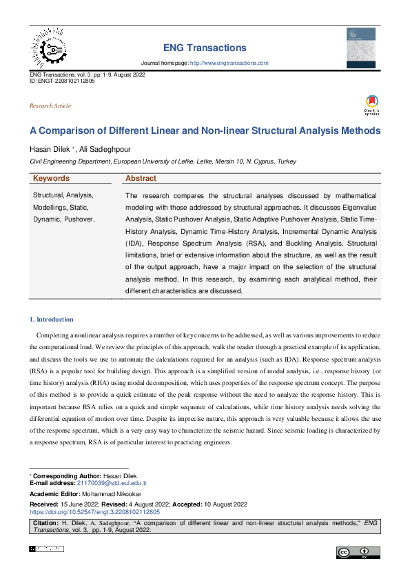 (PDF) A Comparison of Different Linear and Non-linear Structural Analysis Methods