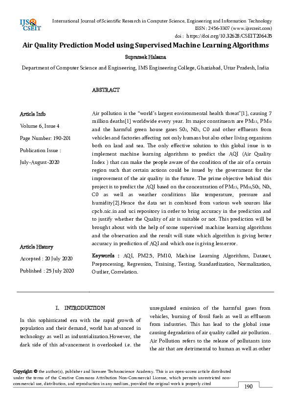(PDF) Air Quality Prediction Model using Supervised Machine Learning Algorithms