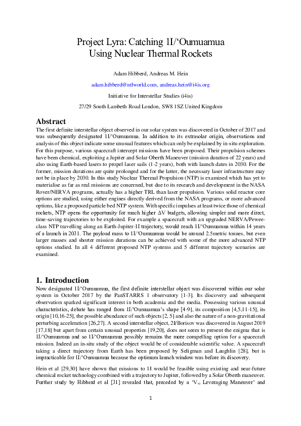 (PDF) Project Lyra: Catching 1I/‘Oumuamua–Using Nuclear Thermal Rockets