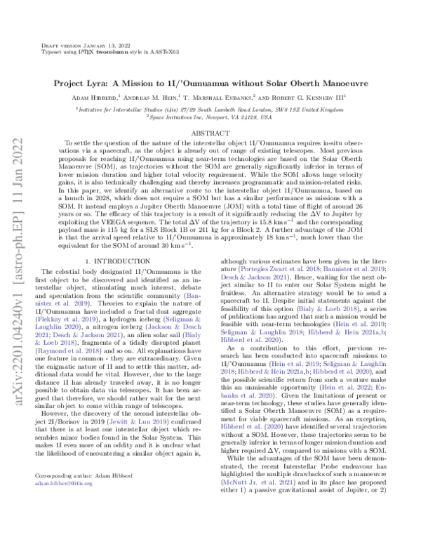 (PDF) Project Lyra: A mission to 1I/’Oumuamua without Solar Oberth ...