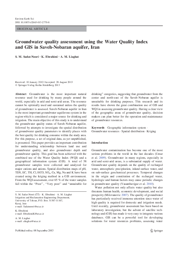 (PDF) Groundwater quality assessment using the Water Quality Index and ...