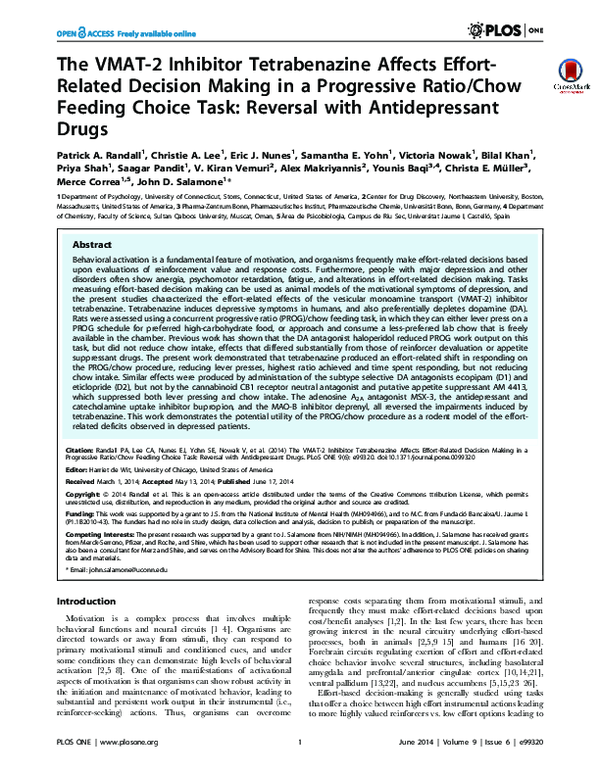(PDF) The VMAT-2 Inhibitor Tetrabenazine Affects Effort-Related ...