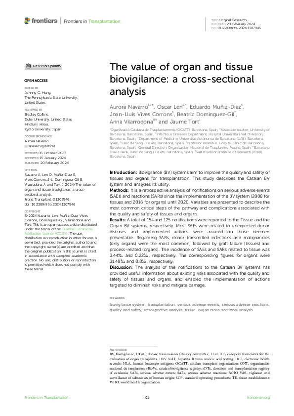 (PDF) The value of organ and tissue biovigilance: a cross-sectional ...